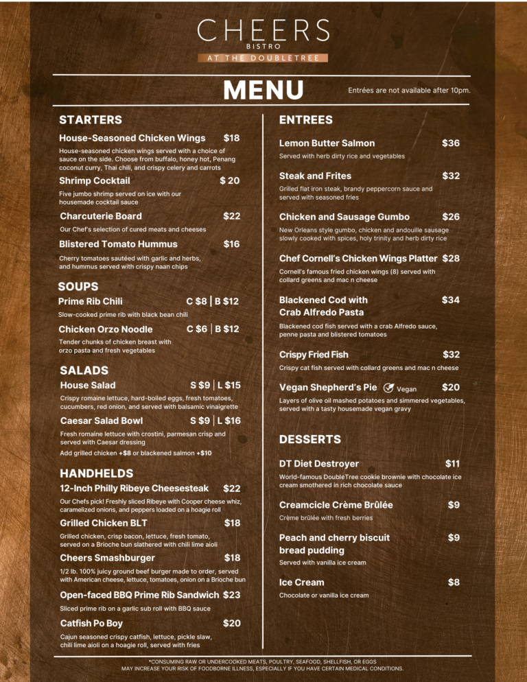 Dinner Menu – Cheers Bistro at the DoubleTree