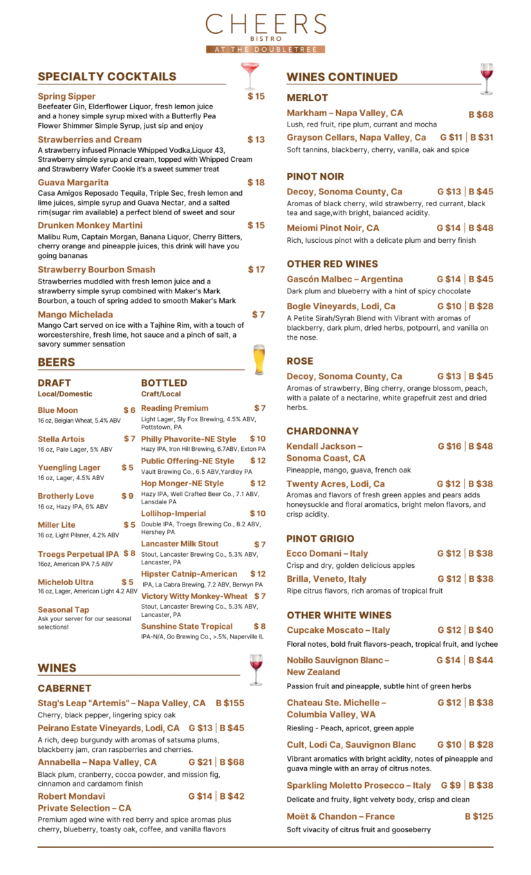 Wine Menu – Cheers Bistro at the DoubleTree