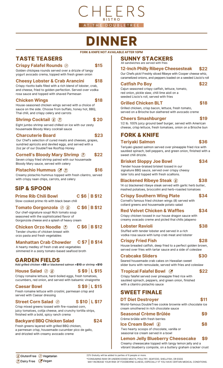 Dinner Menu – Cheers Bistro at the DoubleTree